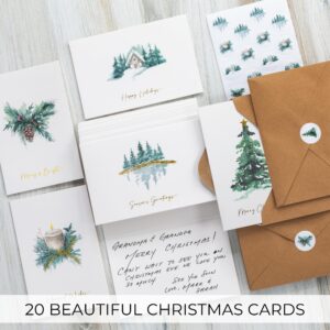 ZICOTO Beautiful Christmas Cards Set of 20 with Watercolor Designs - Incl. Bulk Envelopes, Matching Stickers And Storage Box - Perfect to Send Warm Holiday Wishes to Friends and Family