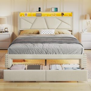 AOGLLATI Queen Bed Frame with Storage Drawers, Charging Station, Upholstered Led Bed Frame Queen Size with Storage Headboard, No Box Spring Needed, Beige