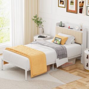 Elephance Twin Size Bed Frames with Charging Station and Storage Headboard, No Box Spring Needed, Easy Assembly