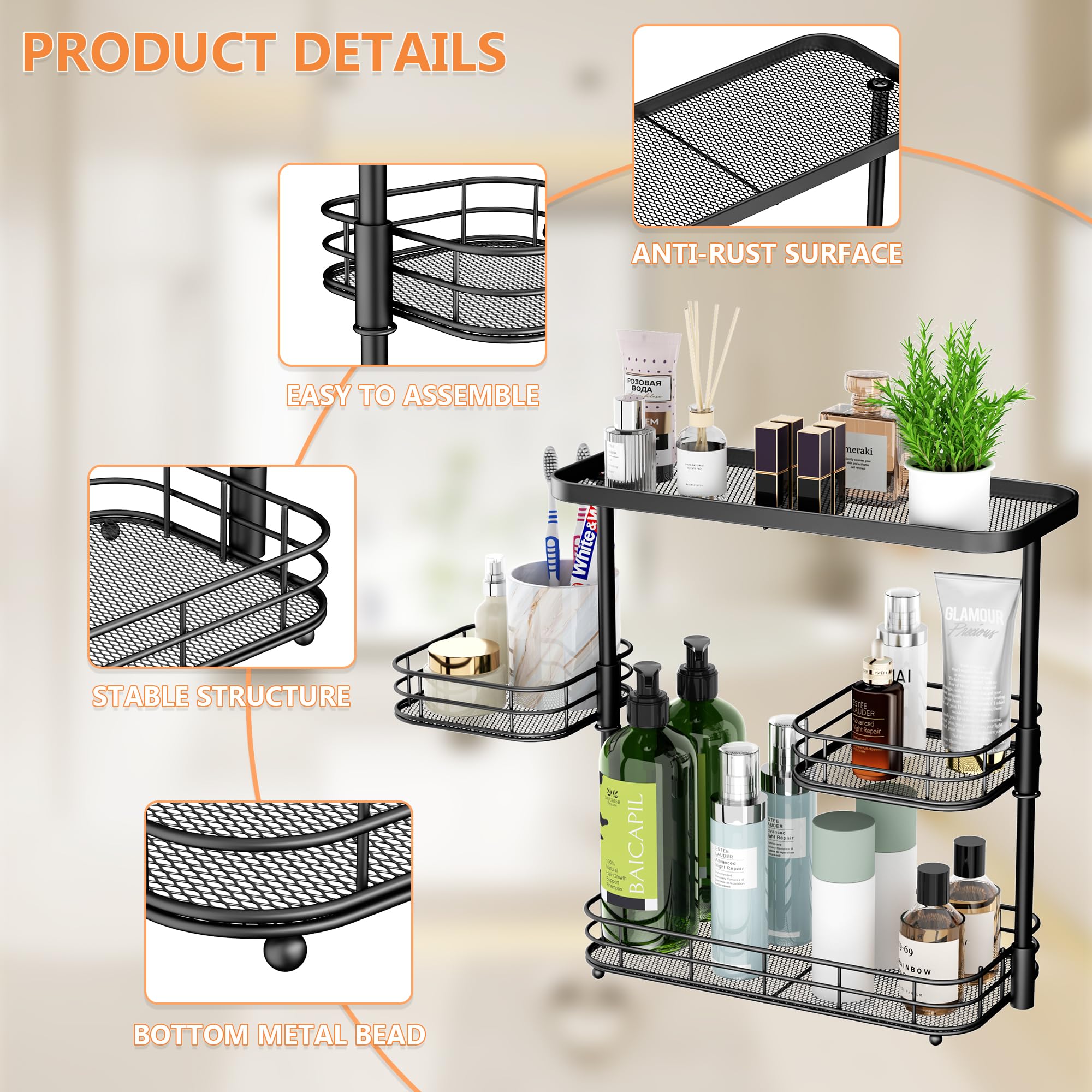 VITVITI 3 Tier Bathroom Organizer Countertop, Metal Wire Bathroom Counter Vanity Organizer Storage, Mesh Bathroom Sink Kitchen Shelf Rack with 360 Rotating Basket, Black