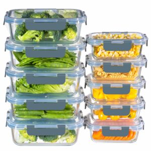 mfy 10-pack glass storage containers with lids, glass meal prep containers set, airtight glass lunch containers with lids, microwave, oven, freezer and dishwasher safe, gray