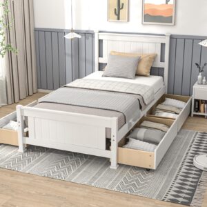 VINGLI Twin Size Bed Frame with 4 Drawers on Wheels and Headboard, Twin Wood Platform Bed with Storage Underneath, Mattress Foundation with Wooden Slats Support, No Box Spring Needed, White