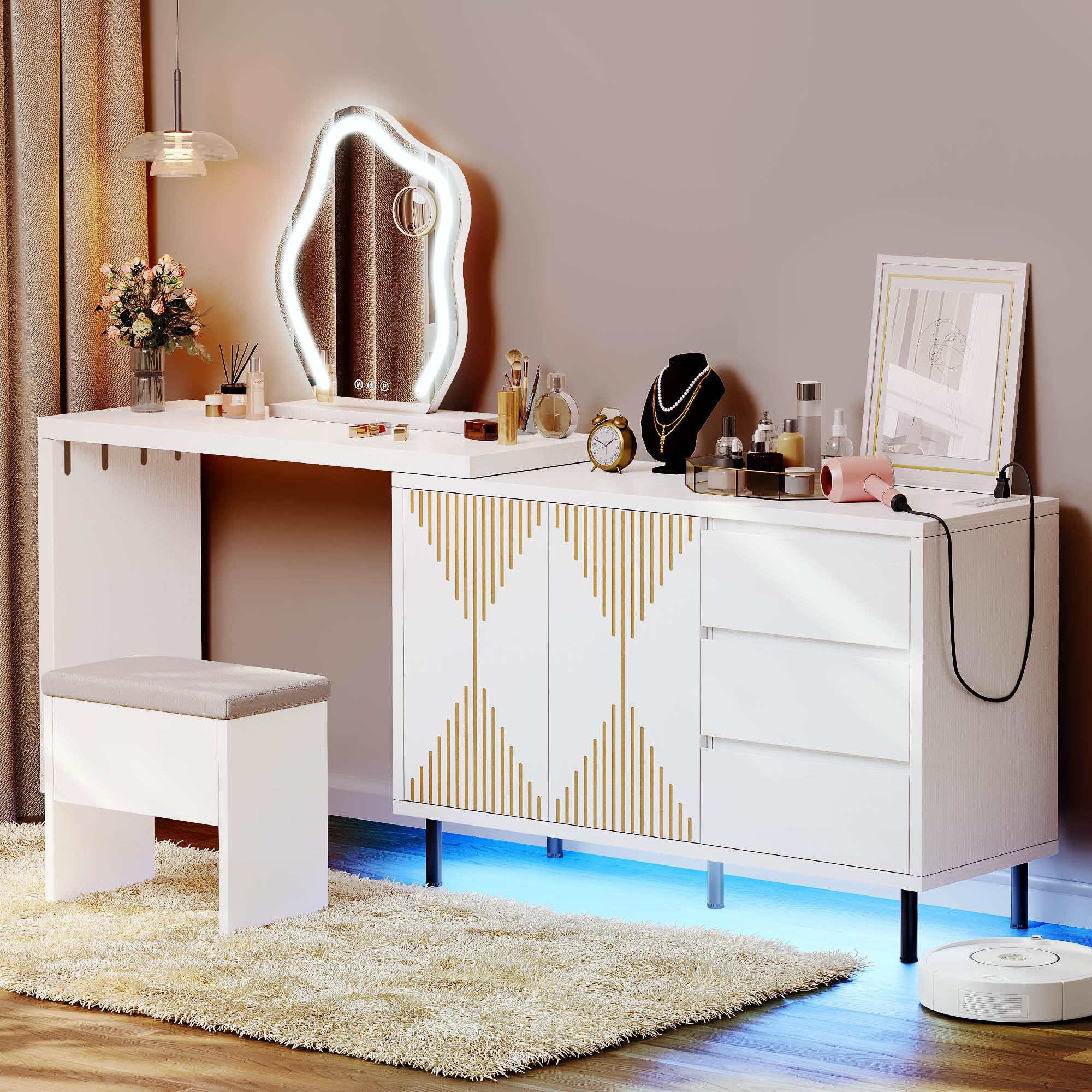 DWVO Vanity desk with Power Outlets & LED Lights - 360 Rotatable Makeup Vanity with 5 Drawers, Makeup Table with Fluted Panel Adjustable Cabinet, Extensible from 47.2" to 91.2", (Mirrors not included)