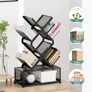 HI NINGER Folding Bookshelf,6 Tier Tree Bookshelf with Storage Cabinet,Small Bookcase Tower for Books/CDs/Movies, Floor Standing Book Shelf for Bedroom/Living Room/Home Office (Black, 6 Tier)