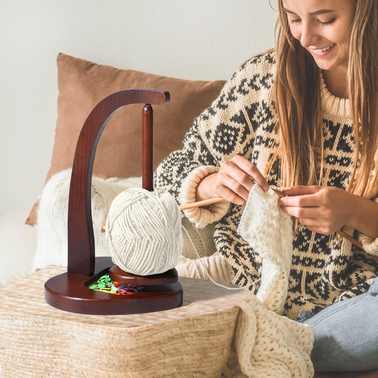 DMTVAL Wooden Magnetic Yarn Holder, Vertical Yarn Skein Holder with Easy Installation, Smooth Rotation, Durable Varnish Surface, Perfect Yarn Holder Spinner for Knitting and Crocheting (Mahogany)