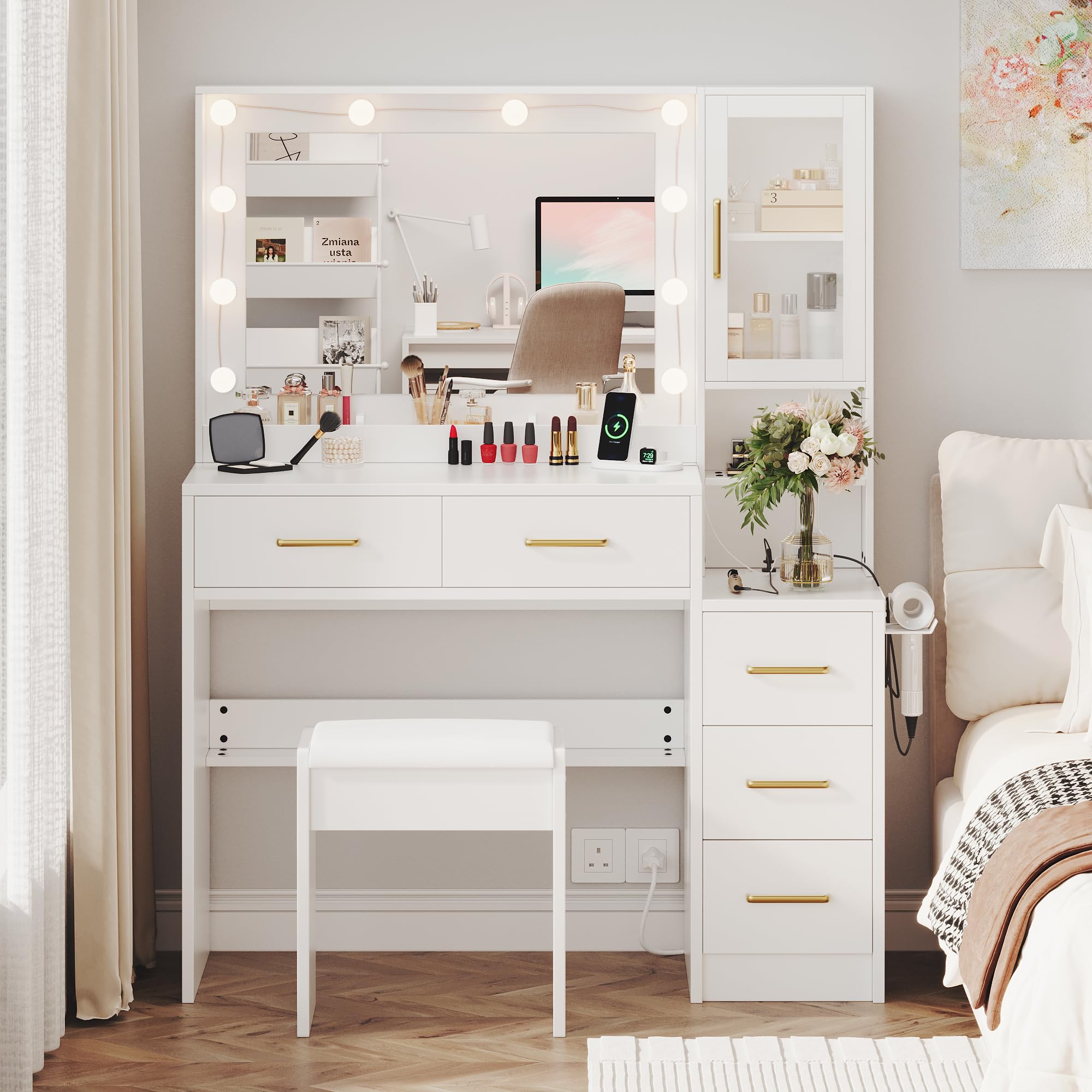 35.4" Makeup Vanity Desk with Charging Station, White Makeup Dressing Table with Mirror & Lights, 3 Lighting Modes Adjustable Brightness, Vanity Table with Power Outlet &5 Drawers Gold Handle