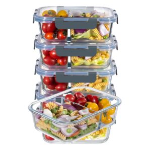 mfy 5-pack 36 oz glass storage containers with lids, glass meal prep containers 2 compartment set, airtight glass lunch containers with lids, microwave, oven, freezer and dishwasher safe, gray