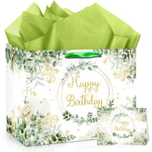 sage green birthday gift bag large happy birthday paper bags with tissue paper and greeting cards eucalyptus birthday wrapping paper bag goodie bags for girls boys birthday party decorations supplies