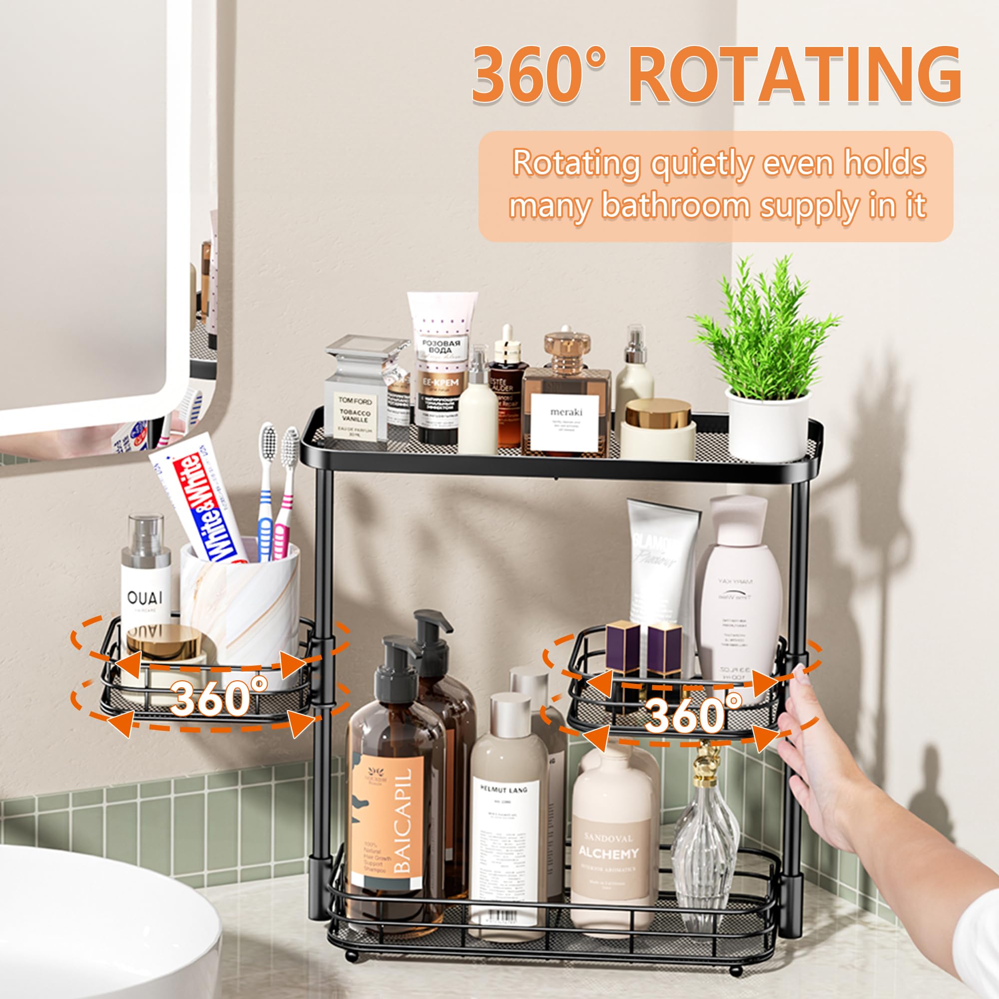 VITVITI 3 Tier Bathroom Organizer Countertop, Metal Wire Bathroom Counter Vanity Organizer Storage, Mesh Bathroom Sink Kitchen Shelf Rack with 360 Rotating Basket, Black