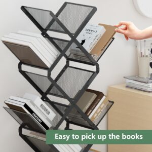 HI NINGER Folding Bookshelf,9 Tier Tree Bookshelf with Storage Cabinet,Stylish Design Metal Bookshelf for Display of CDs,Books in Living Room,Home Office,Tall Floor Standing Book Organizer for Bedroom