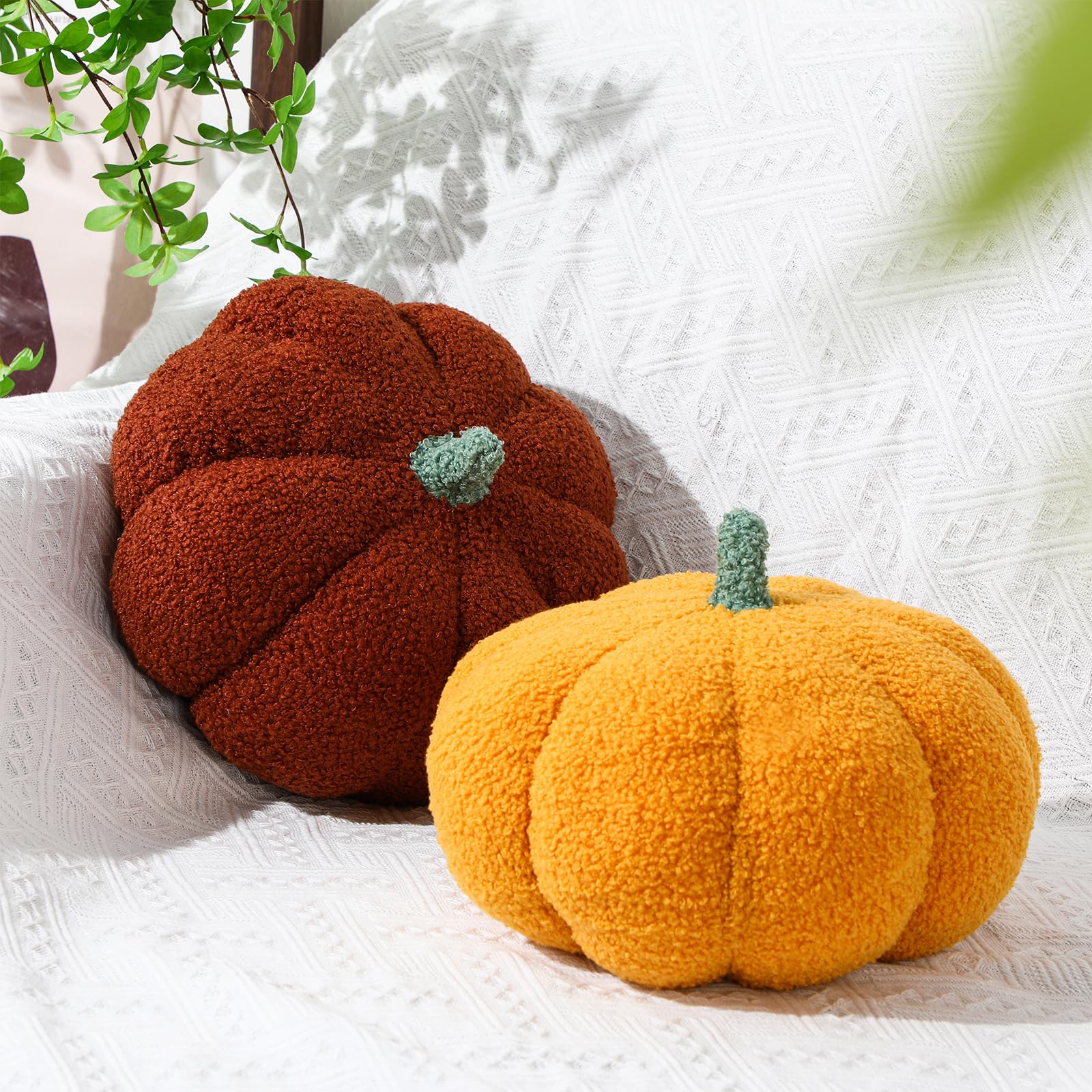 Kajaia 2 Pieces Simulated Pumpkin Plush Pillow 11 x 9.5 Inch 3D Thanksgiving Cushion Pillow Fall Decorations Toy Pillows for Thanksgiving Christmas Bedroom Sofa Couch Supplies (Yellow, Brown)