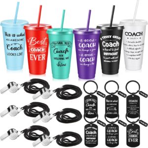 hollowfly 6 sets coaches gifts best coach ever plastic cup with lid and straw 24 oz coach keychain whistles coaches gifts christmas gifts thank you gifts for football basketball coach(multicolor)