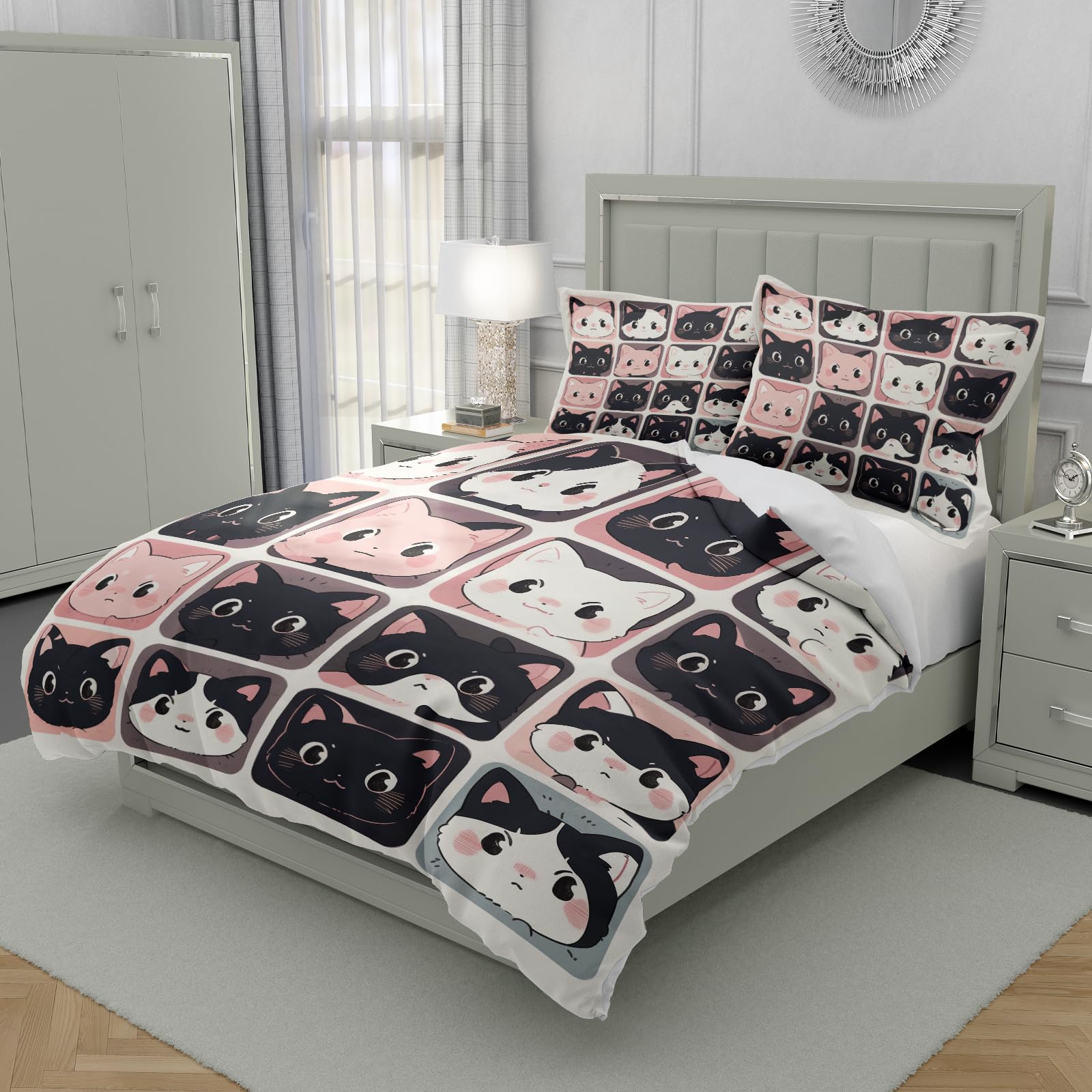 Lokaluo Cat Duvet Cover Twin Size 3D Printed Fat Cats Twin Duvet Cover Set White Pink Kitten Pattern Animal Theme Cat Lovers Bedding Set Room Decor 3 Pcs Comforter Cover with 2 Pillowcases