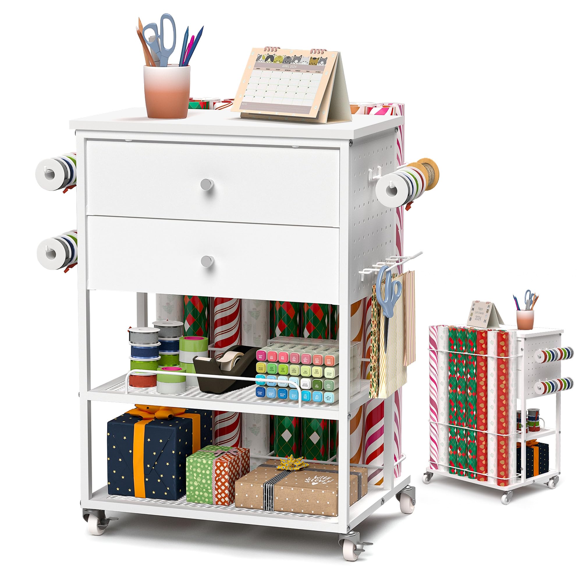 𝗬𝘂𝗺𝗸𝗳𝗼𝗶 Wrapping Paper Storage Cart, Rolling Gift Wrap Station with Ribbon and Gift Bag Storage, Wrapping Paper Organizer Holder, Craft Organizers and Storage for Christmas