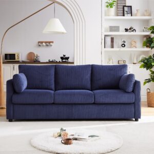 mofolit modern corduroy couch 79 inch length,3 seater sofa w/square arm and side pockets for living room, bedroom, apartment, office,workroom,and compact space (navy)