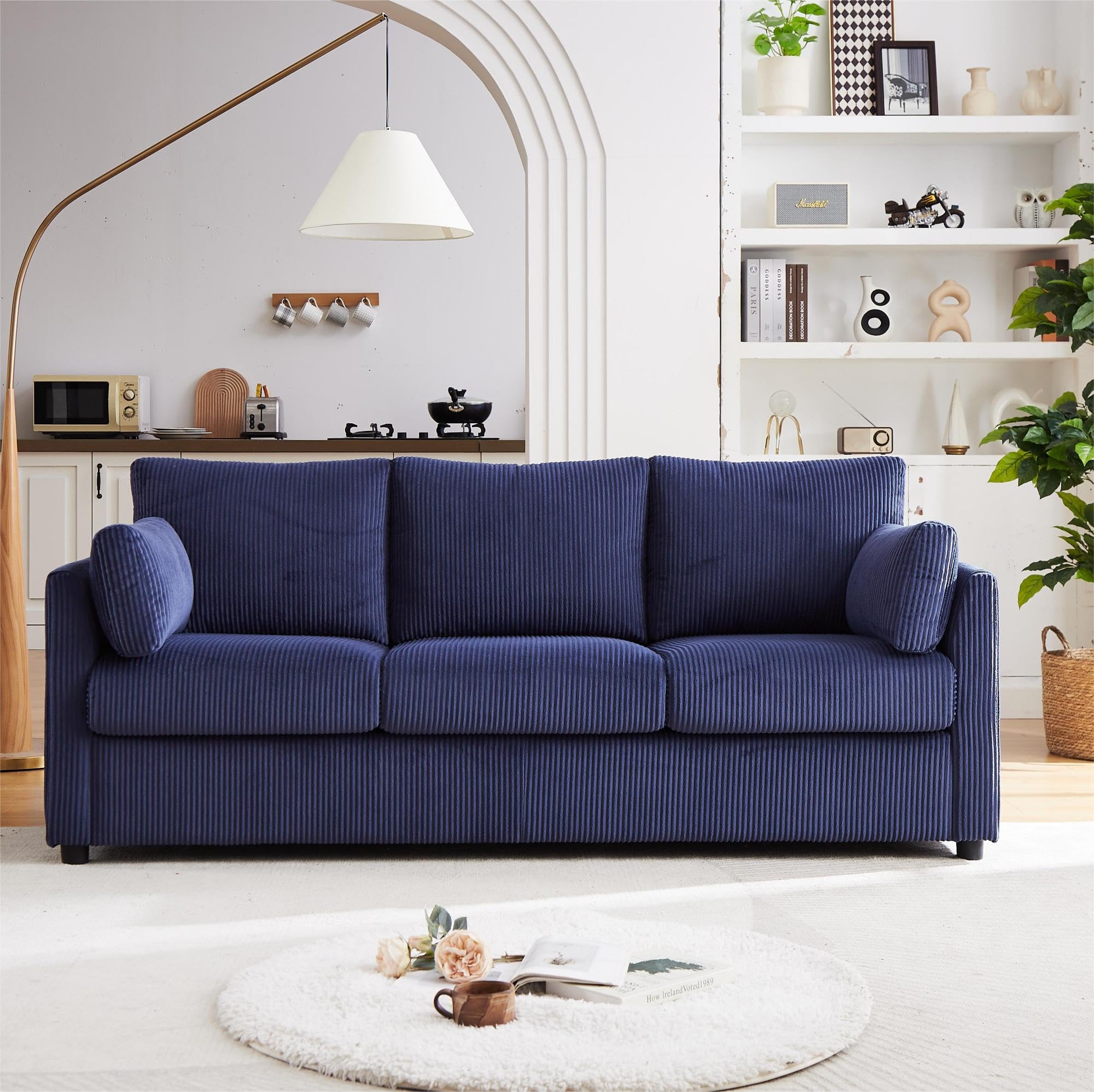 Mofolit Modern Corduroy Couch 79 Inch Length,3 Seater Sofa w/Square arm and Side Pockets for Living Room, Bedroom, Apartment, Office,Workroom,and Compact Space (Navy)