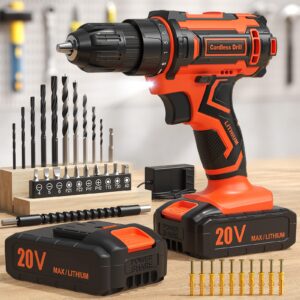 cordless drill, 20v power drill, double 2000mah batteries electric drill, cordless drill with battery and charger, 3/8" keyless chuck battery drill with 25+1 max 370 in-lb torque, 42pcs drill bits