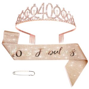 40th birthday decorations for women, 40th birthday gifts for women including 40th birthday crown/tiara＋40th birthday sash for women＋pearl pin, 40th rhinestone crown kit (rose gold)