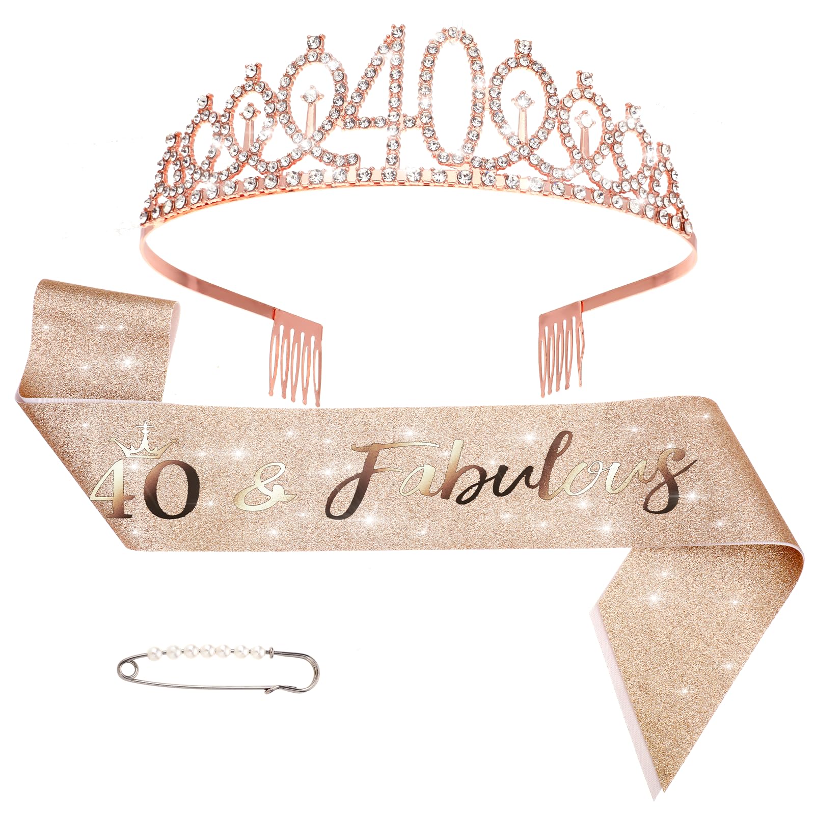 40th Birthday Decorations for Women, 40th Birthday Gifts for Women Including 40th Birthday Crown/Tiara＋40th Birthday Sash for Women＋Pearl Pin, 40th Rhinestone Crown Kit (Rose Gold)