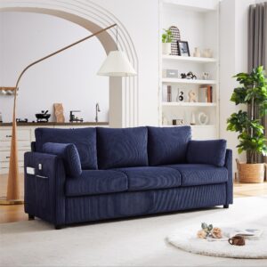 Mofolit Modern Corduroy Couch 79 Inch Length,3 Seater Sofa w/Square arm and Side Pockets for Living Room, Bedroom, Apartment, Office,Workroom,and Compact Space (Navy)