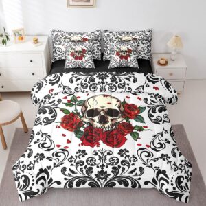 Erosebridal Skull Red Roses 7 Piece Bedding Set King Black Damask Floral Gothic Bed in A Bag Halloween Skull Skeleton Comforter Set with Sheets for Kids Boys Adults,Goth Hippie Skull Bed Set White