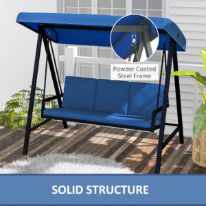 Outsunny 3-Seat Outdoor Porch Swing with Stand, Heavy Duty Patio Swing Chair with Adjustable Canopy, Breathable Mesh Seat, Removable Cushions for Backyard, Garden, and Poolside, Blue