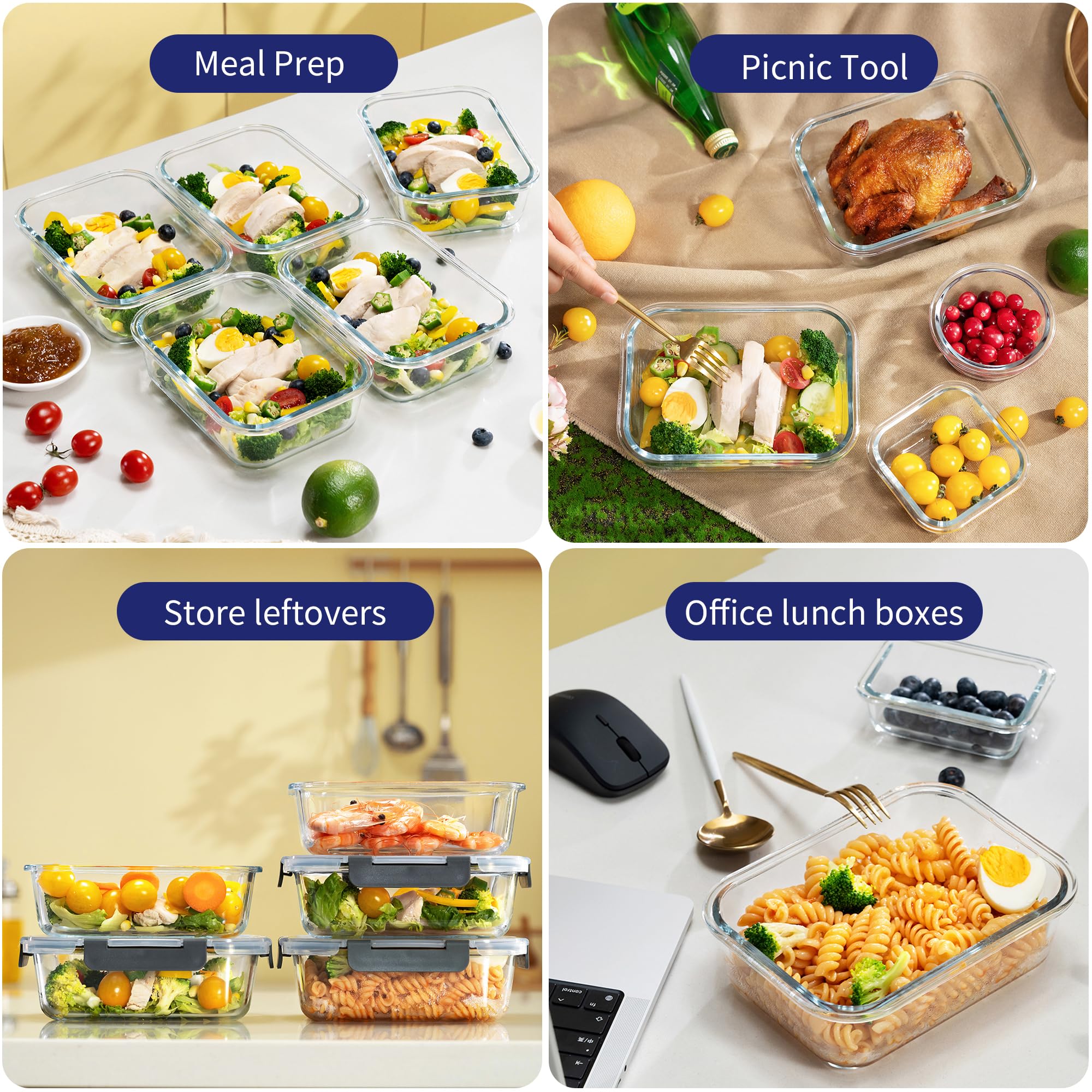 MFY 5-Pack 36 OZ Glass Storage Containers with Lids, Glass Meal Prep Containers Set, Airtight Glass Lunch Containers with Lids, Microwave, Oven, Freezer and Dishwasher Safe, Gray