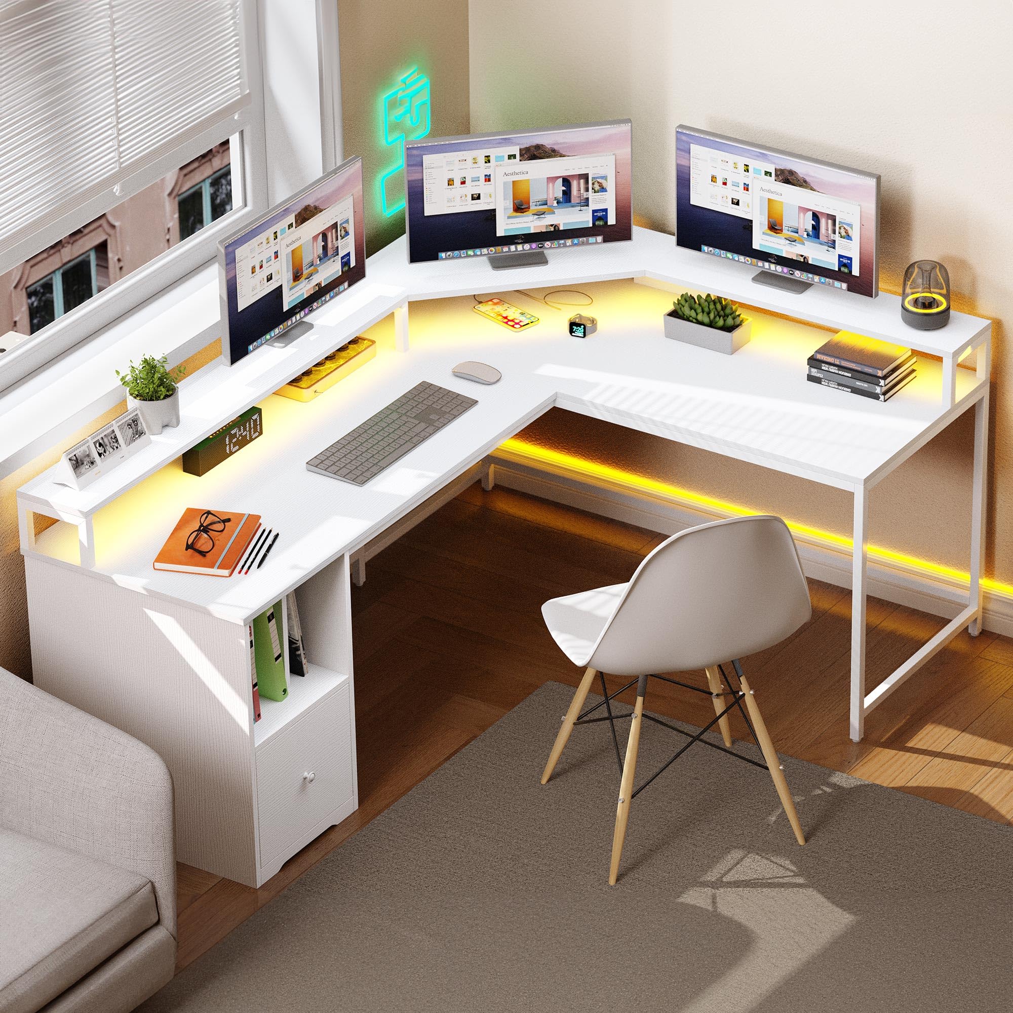 DWVO L Shaped Desk with Drawer & 3 Cubbies Storage Shelves, 67" Corner Computer Desk with Power Outlets & LED Lights, L-Shaped Office Desk with Monitor Stand, White