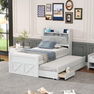 luckiofvonne twin bed frame with storage headboard & charging station, wood captain bed with trundle and drawers, farmhouse platform beds for kids boys girls, noise free, no box spring needed, white