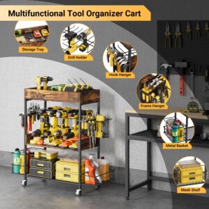 Dunatou Power Tool Organizer Cart Heavy Duty 4 Tier Rolling Tool Cart Garage Storage with Drill Rack Shelf Open Tool Chest Organizer with Wheels Workshop and Garage Ideas for Men or Dad