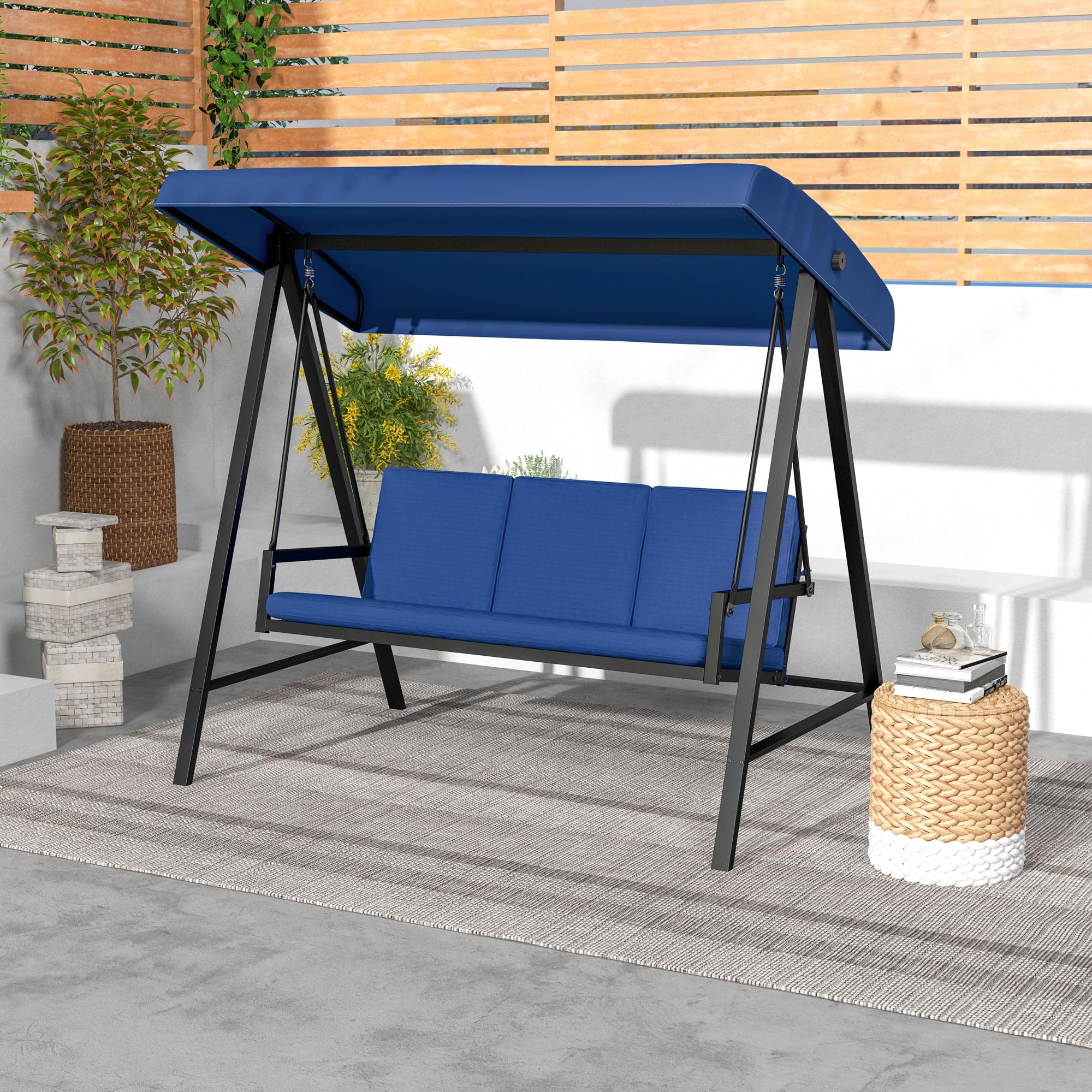 Outsunny 3-Seat Outdoor Porch Swing with Stand, Heavy Duty Patio Swing Chair with Adjustable Canopy, Breathable Mesh Seat, Removable Cushions for Backyard, Garden, and Poolside, Blue