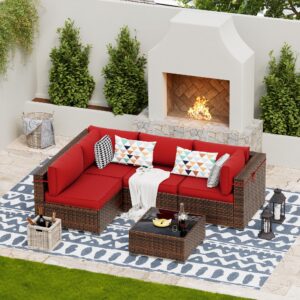 udpatio patio furniture sets, modular rattan outdoor patio sectional furniture sofa set, wicker patio conversation set for backyard, deck w/table, 5pc brown/red (include sofa cover)