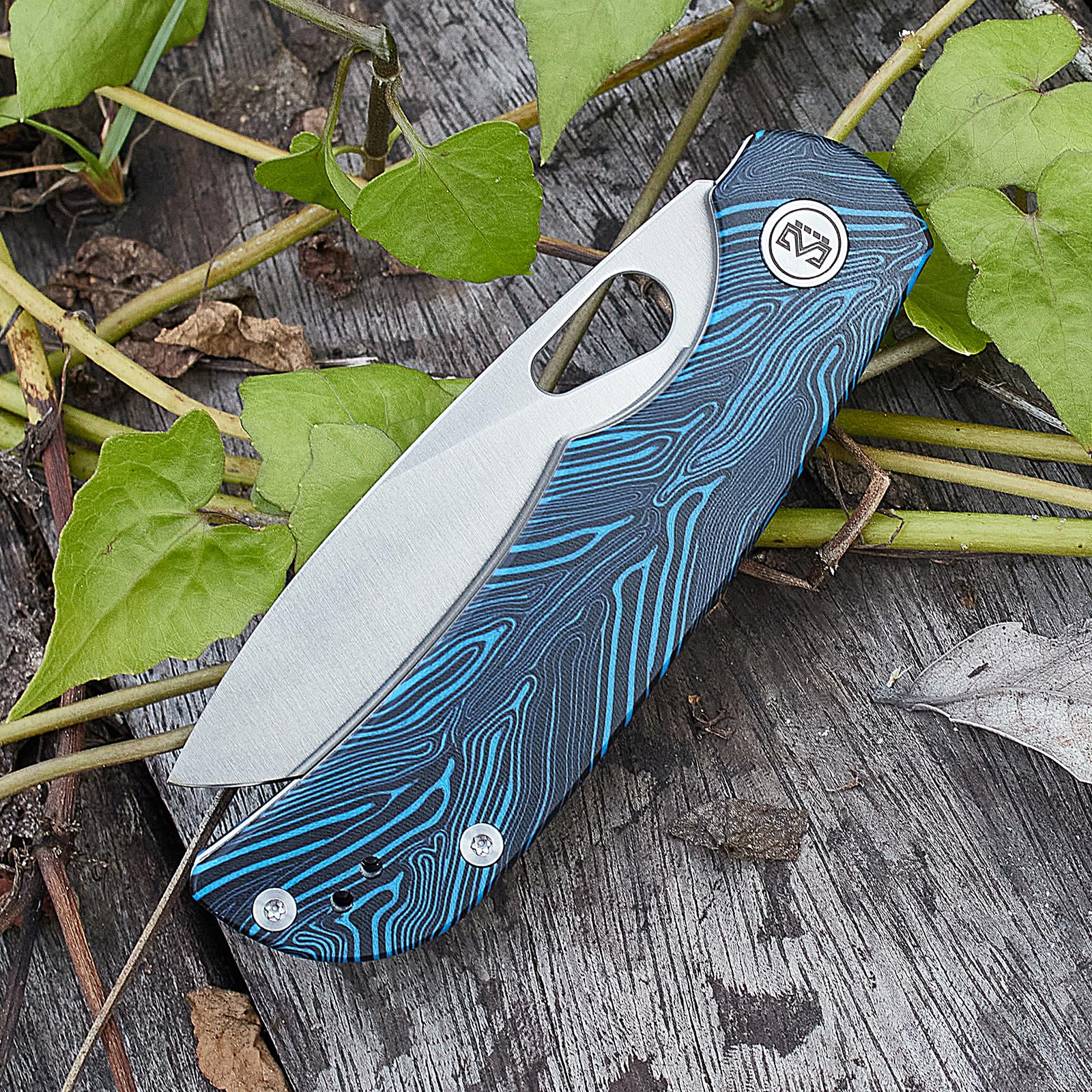 Miguron Knives M Moyarl Folding Knife,3.25" Satin 14c28n Blade Blue Damascus G10 Handle With Titanium Pocket Clip, Camping Hiking Pocket Knife MGR-806DBU