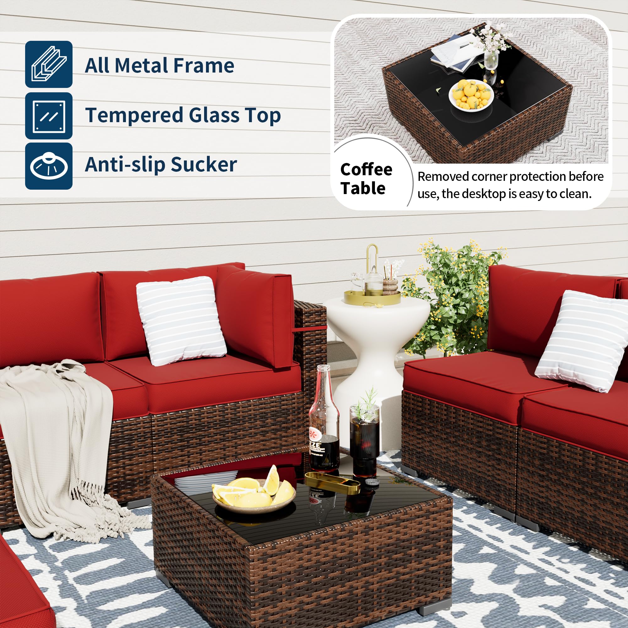 UDPATIO Patio Furniture Sets, Modular Rattan Outdoor Patio Sectional Furniture Sofa Set, Wicker Patio Conversation Set for Backyard, Deck w/Table, 5pc Brown/Red (Include Sofa Cover)