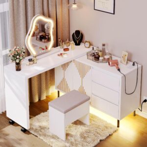 dwvo vanity desk with power outlets & led lights - 360 rotatable makeup vanity with 5 drawers, makeup table with fluted panel adjustable cabinet, extensible from 47.2" to 91.2", (mirrors not included)