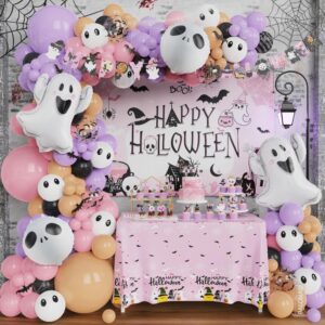 pink black purple halloween birthday party decorations happy halloween banner cake topper backdrop tablecloth skeleton mylar balloons for girls spooky birthday boo day party supplies (pink)