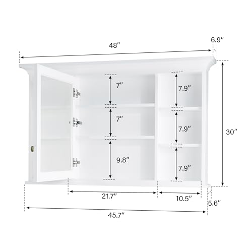 WELLFOR 48"x 30" Wall Mounted Medicine Cabinet with Double-Side Mirrors, Solid Wood Mirror Cabinet Storage with Open/Built-in 6 Shelves and Soft-Close Door, Wood Medicine Cabinet with Mirror