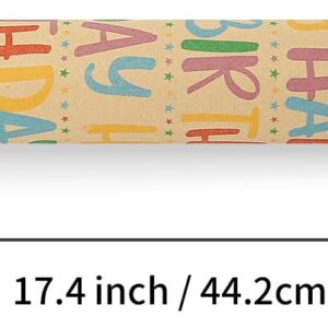 CAMKUZON Kraft Birthday Wrapping Paper Roll with Cutlines - Colorful Happy Birthday Text and Star Design - Gift Wrap Paper for Birthday Celebration Baby Shower, 17.4 Inch