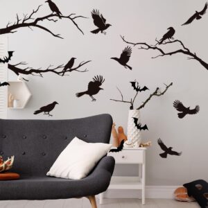 Raven Wall Stickers，Black Crows Wall Decals，Winter Branches Wall Decals，Halloween Tree Branch Wall Decals，Peel and Stick Bird Wall Decals，Removable Vinyl Halloween Wall Stickers.