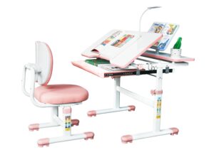 kids desk and chair set, height-adjustable chair and desk for kids, kid desk with 3 modes and 3 brightness led lamps, childrens desk with 60° tilting tabletop and extra-large storage drawer (pink)