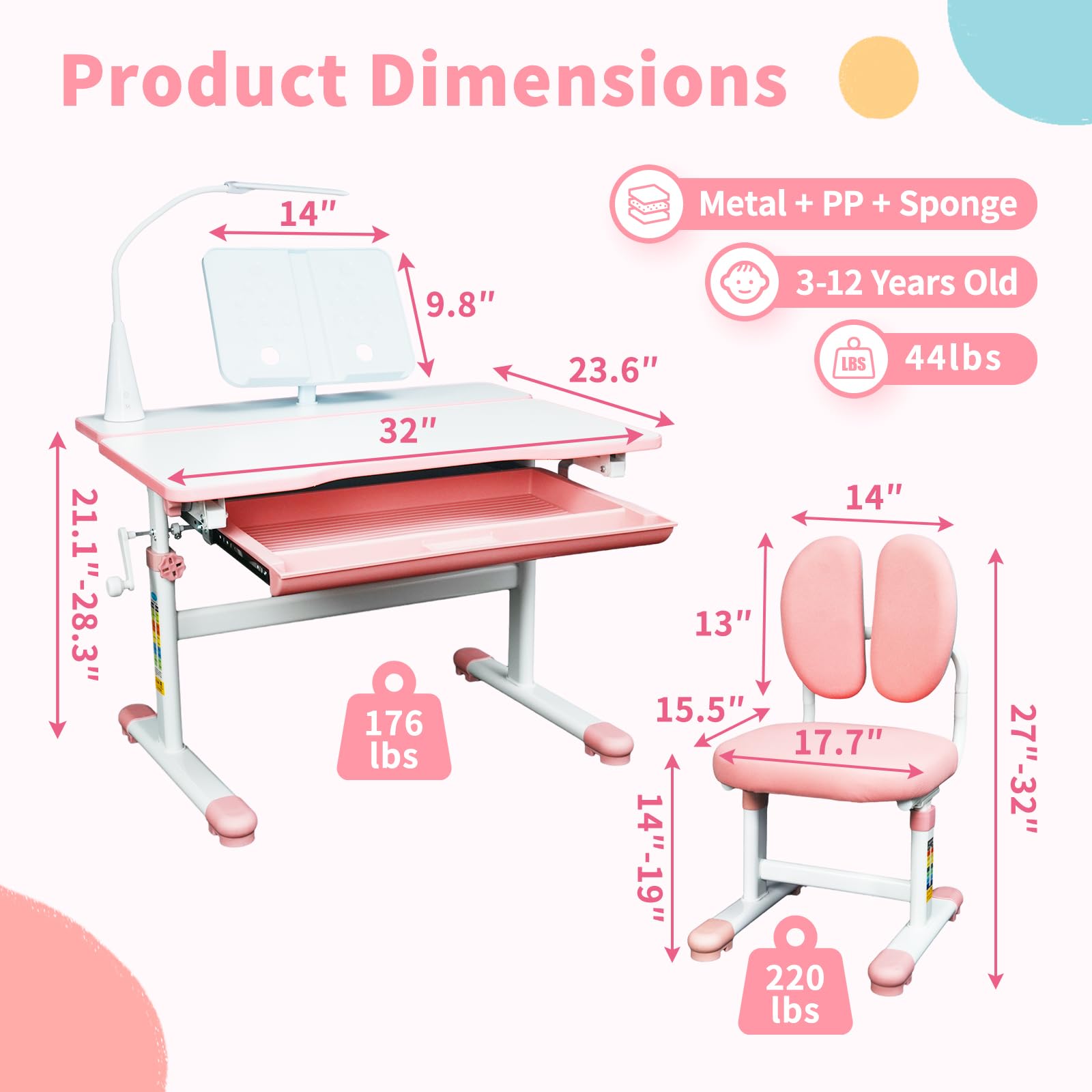 Kids Desk and Chair Set, Height-Adjustable Chair and Desk for Kids, Kid Desk with 3 Modes and 3 Brightness Led Lamps, Childrens Desk with 60° Tilting Tabletop and Extra-Large Storage Drawer (Pink)