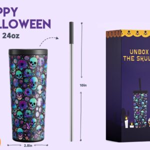 Meoky 24 oz Halloween Tumbler with Lid and Straw, Stainless Steel Vacuum Insulated Tumbler, Keeps Cold for 24 Hours, 100% Leak Proof, Fits in Car Cup Holder (Black Skull)