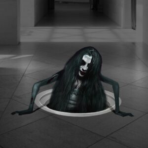 halloween floor wall decals, long hair woman horror wall stickers, removable halloween decor murals 3d realistic horror floor stickers for home office party decors