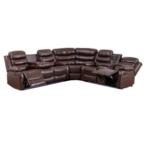 Hybition Faux Leather Living Room Set Modern Reclining Sectional Sofa with LED Light, USB Chargers, Sound System, 4Cup Holders, Hidden Storage, Brown