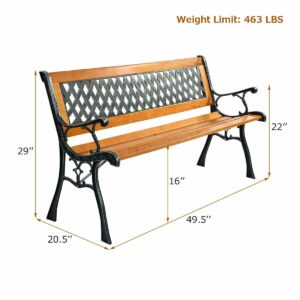 50'' Outdoor Cast Iron Patio Bench, Outdoor Furniture Hardwood Frame Porch Loveseat, Porch Path Chair, Weather Proof, for 2 Person Outside Bench