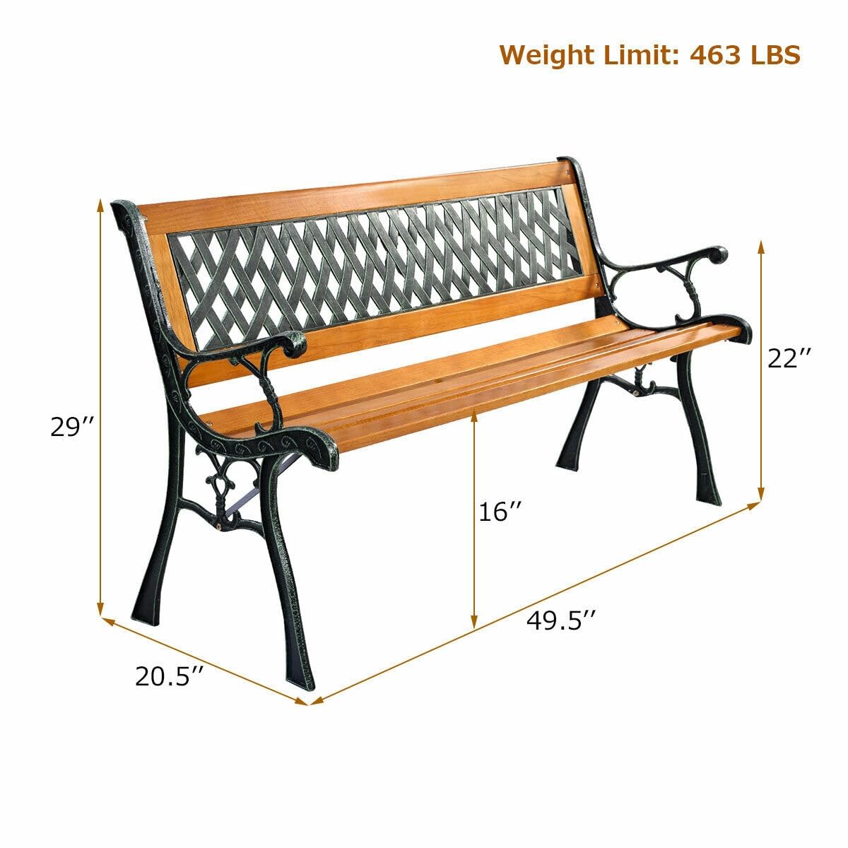 50'' Outdoor Cast Iron Patio Bench, Outdoor Furniture Hardwood Frame Porch Loveseat, Porch Path Chair, Weather Proof, for 2 Person Outside Bench