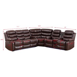 Hybition Faux Leather Living Room Set Modern Reclining Sectional Sofa with LED Light, USB Chargers, Sound System, 4Cup Holders, Hidden Storage, Brown