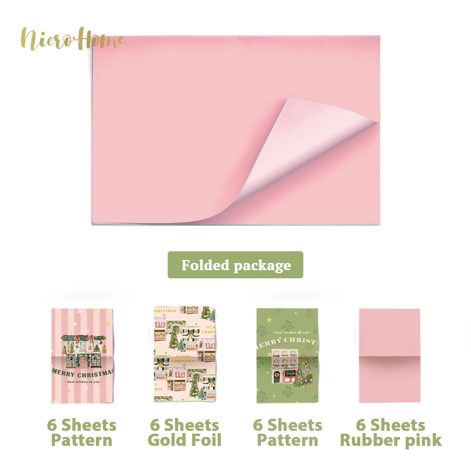 NICROHOME EUR 24 Sheets Christmas Tissue Paper, Sage Green Pink Tissue Wrapping Paper with Christmas Tree House Snowman Socks Pattern, Small Gifts Wrapping Paper for Xmas Crafts Gifts (15 X 20 Inch)