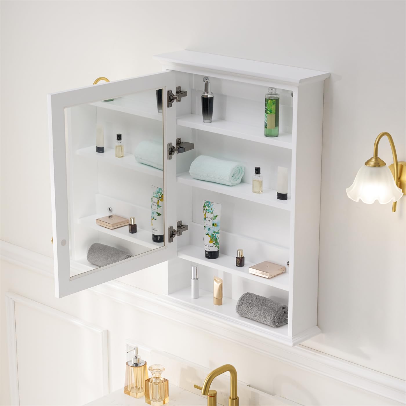 WELLFOR 24"x 34" Wall Mounted Wood Medicine Cabinet with Mirrors for Bathroom, Rubber Wooden Mirror Cabinet with 3-Tier Shelves and External Storage