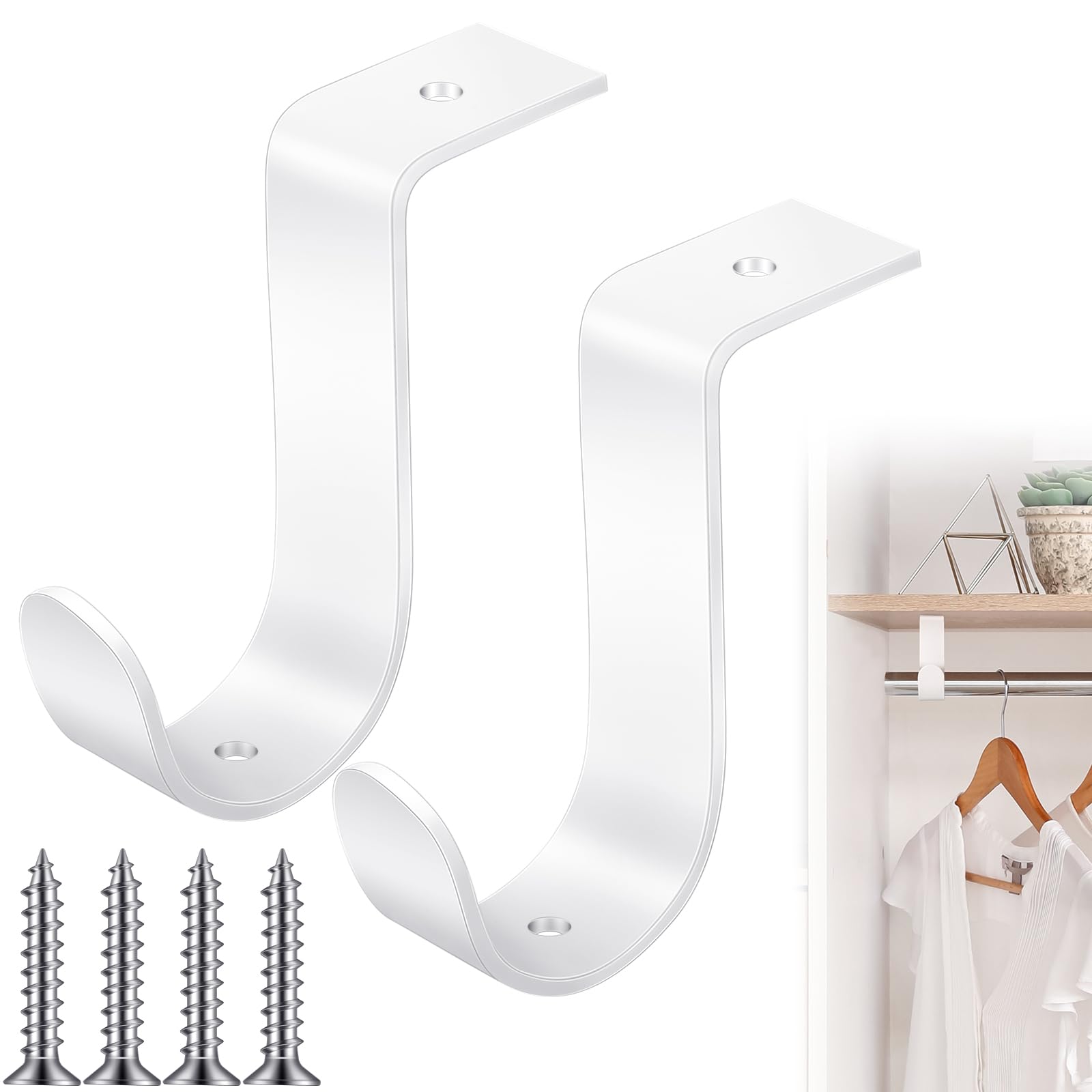 Hicarer 2 Pcs Closet Rod Brackets Heavy Duty Metal Wall Mount Rod Brackets with Screws Closet Rod Support Closet Shelf Rod Holder for Living Room Bedroom Office, White